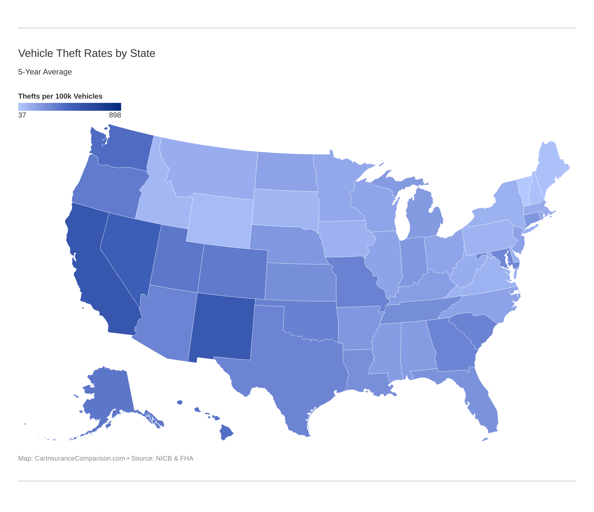 15 States with the Highest Vehicle Theft Rates (5-Year Study)